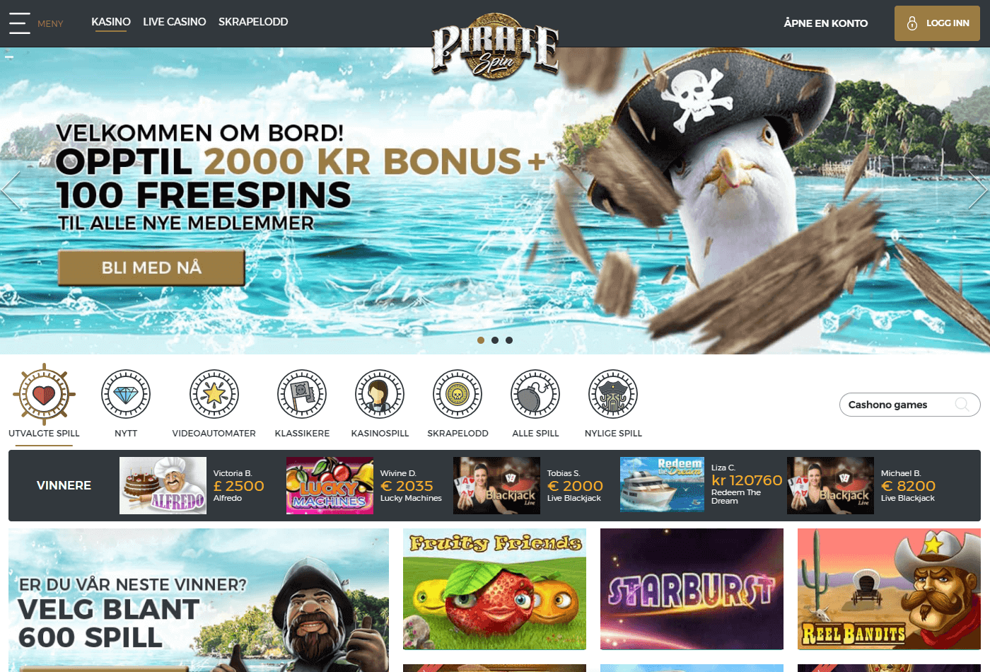 Pirate Spin - få inntil 2000 kr + 100 freespins